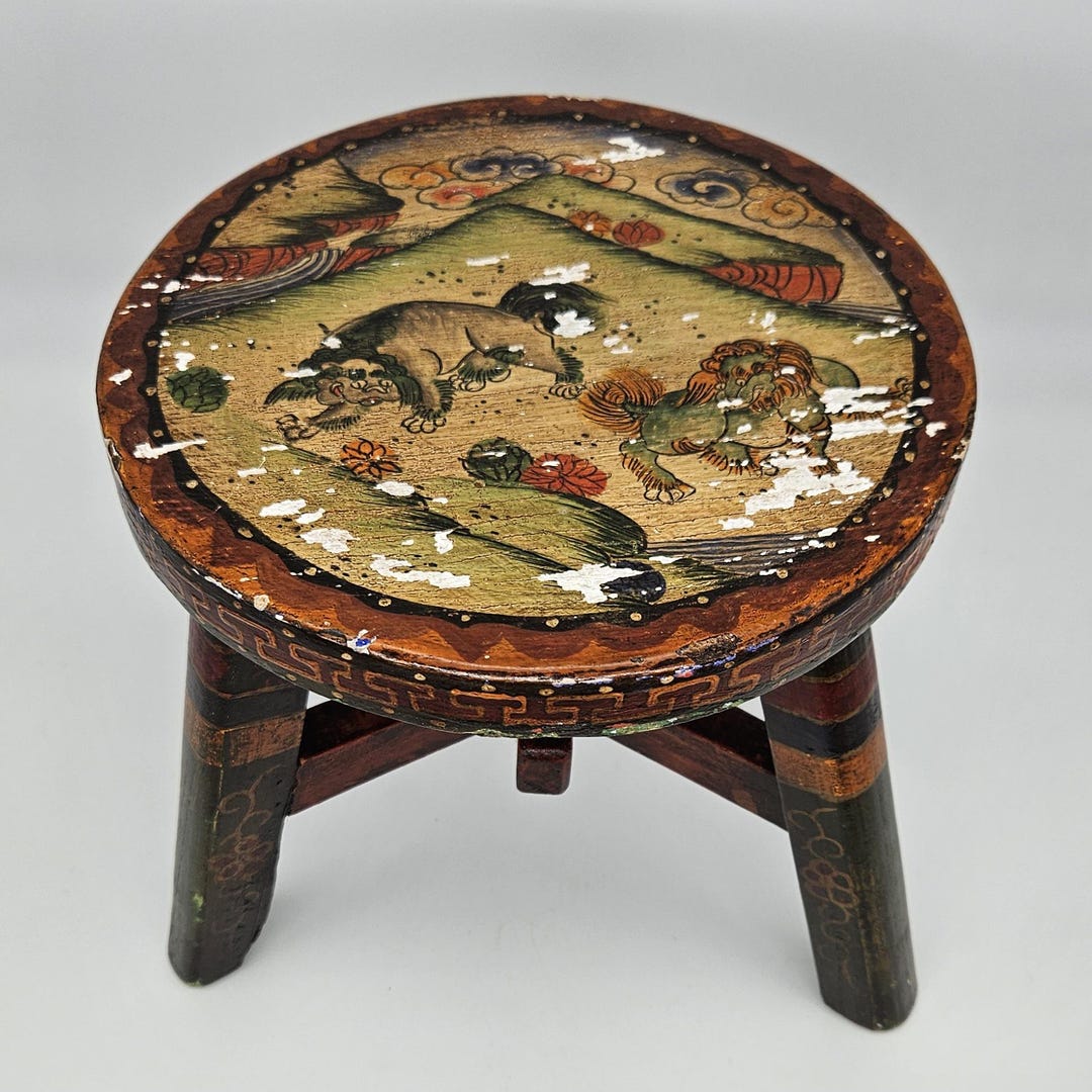 Vintage Mini Wooden Stool Hand Painted With Guardian Lions, Tibetan ...