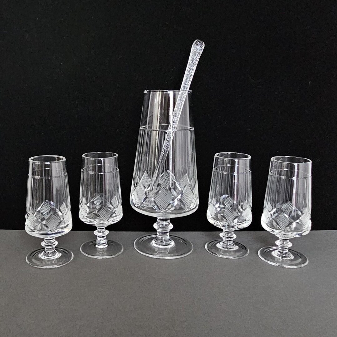 Vintage Cocktail Carafe, 4 Glasses & Stirrer: European Crystal Barware ...