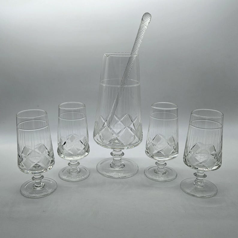Vintage Cocktail Carafe, 4 Glasses & Stirrer: European Crystal Barware ...