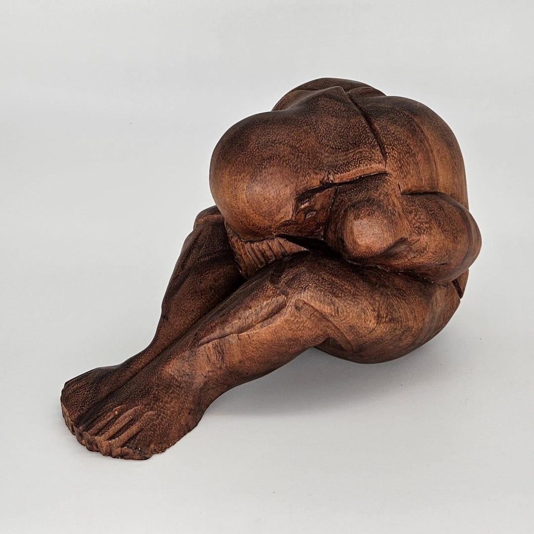 Weeping Buddha Indonesian Hardwood Statuette, Vintage Hand Carved Yogi ...