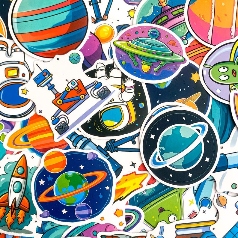 50 Random Galaxy Stickers, Waterproof Space Decals, Planets and Rocket ...