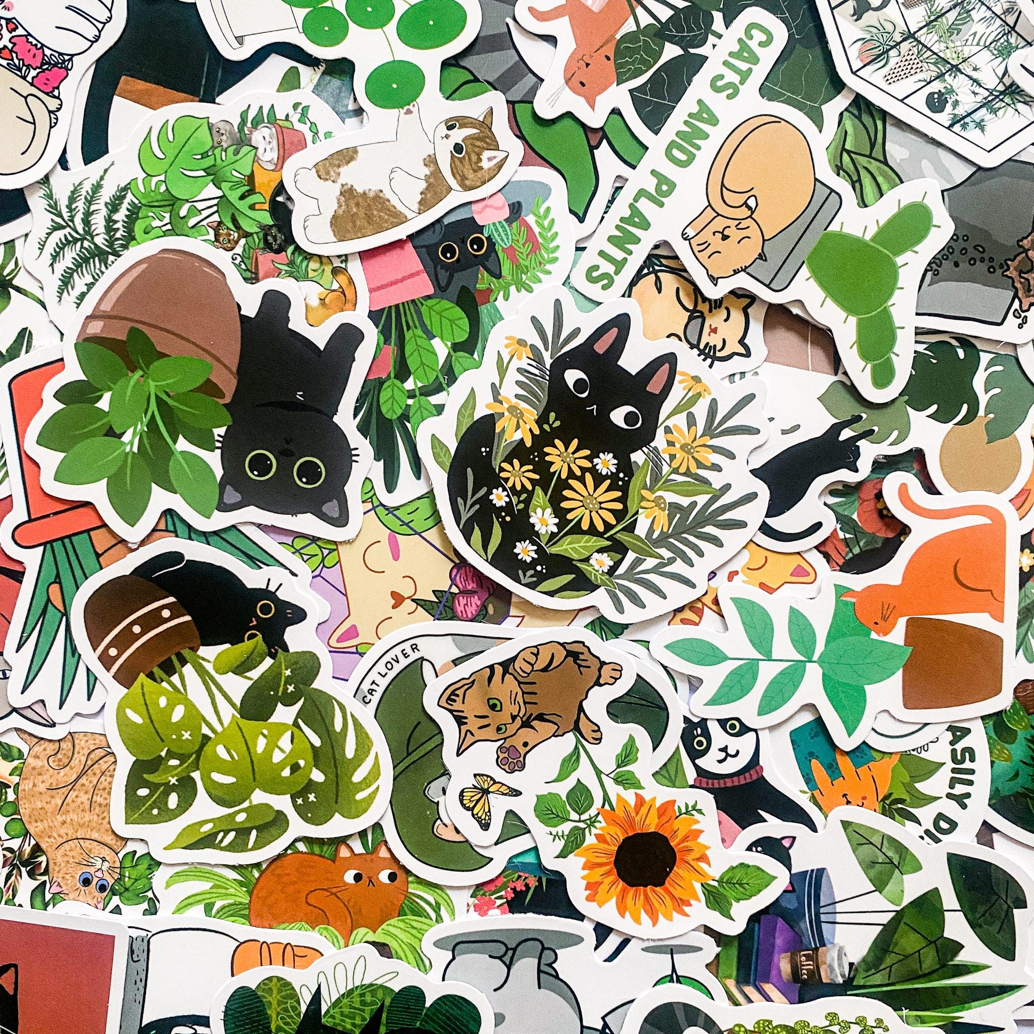 50 Random Plant and Cat Stickers, Cute Stickers for Cat Lovers, Plant ...