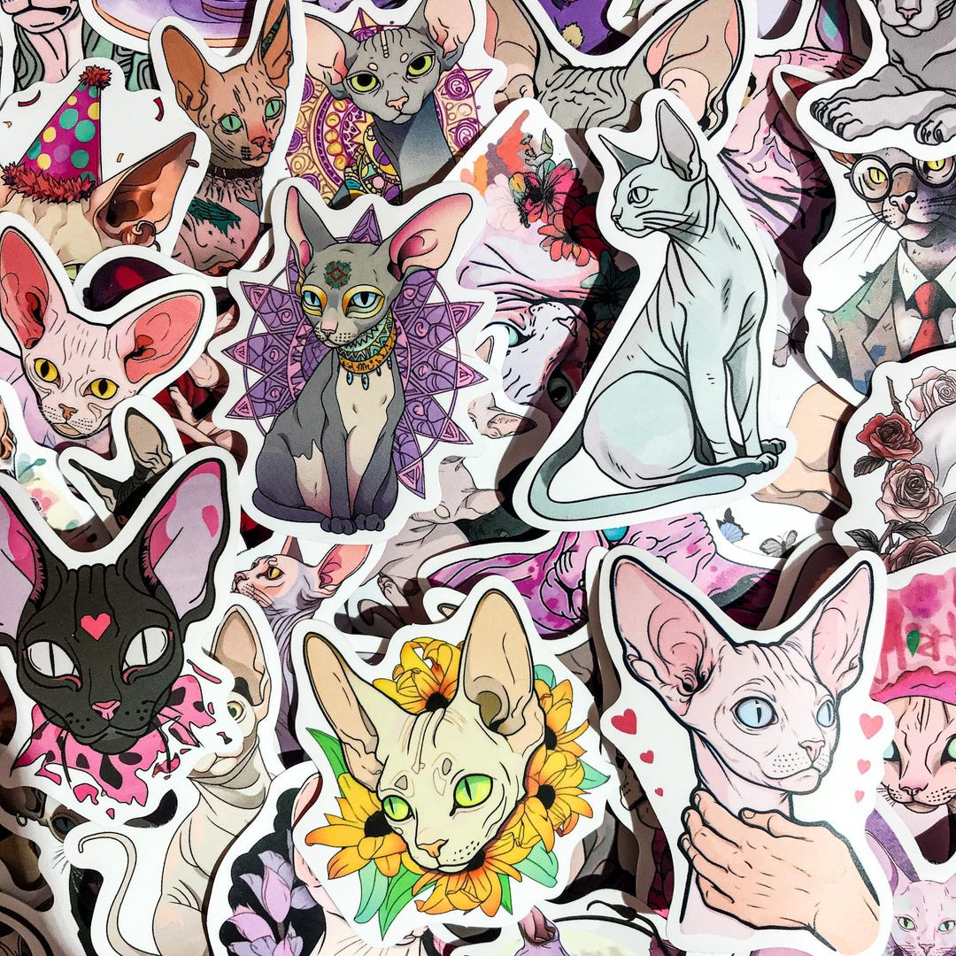 100 Random Sphynx Cat Stickers, Cool Cat Stickers, Art Sphynx Stickers ...