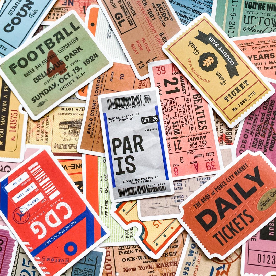 100 Retro Ticket Stickers, Vintage Travel Stickers, Movie Ticket ...