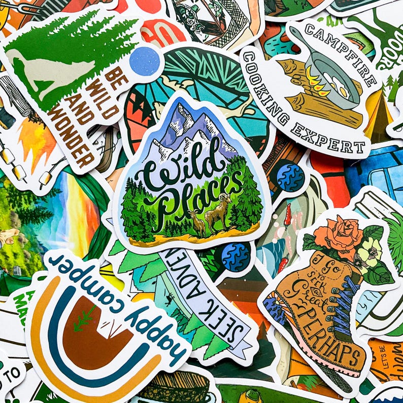 50 Random Camping Stickers, Outdoor Adventure Stickers, Hiking Stickers ...