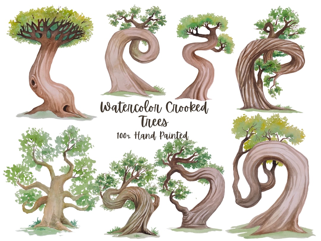 10 Watercolor Crooked Trees Clipart, Unlimited License PNG, Whimsical ...