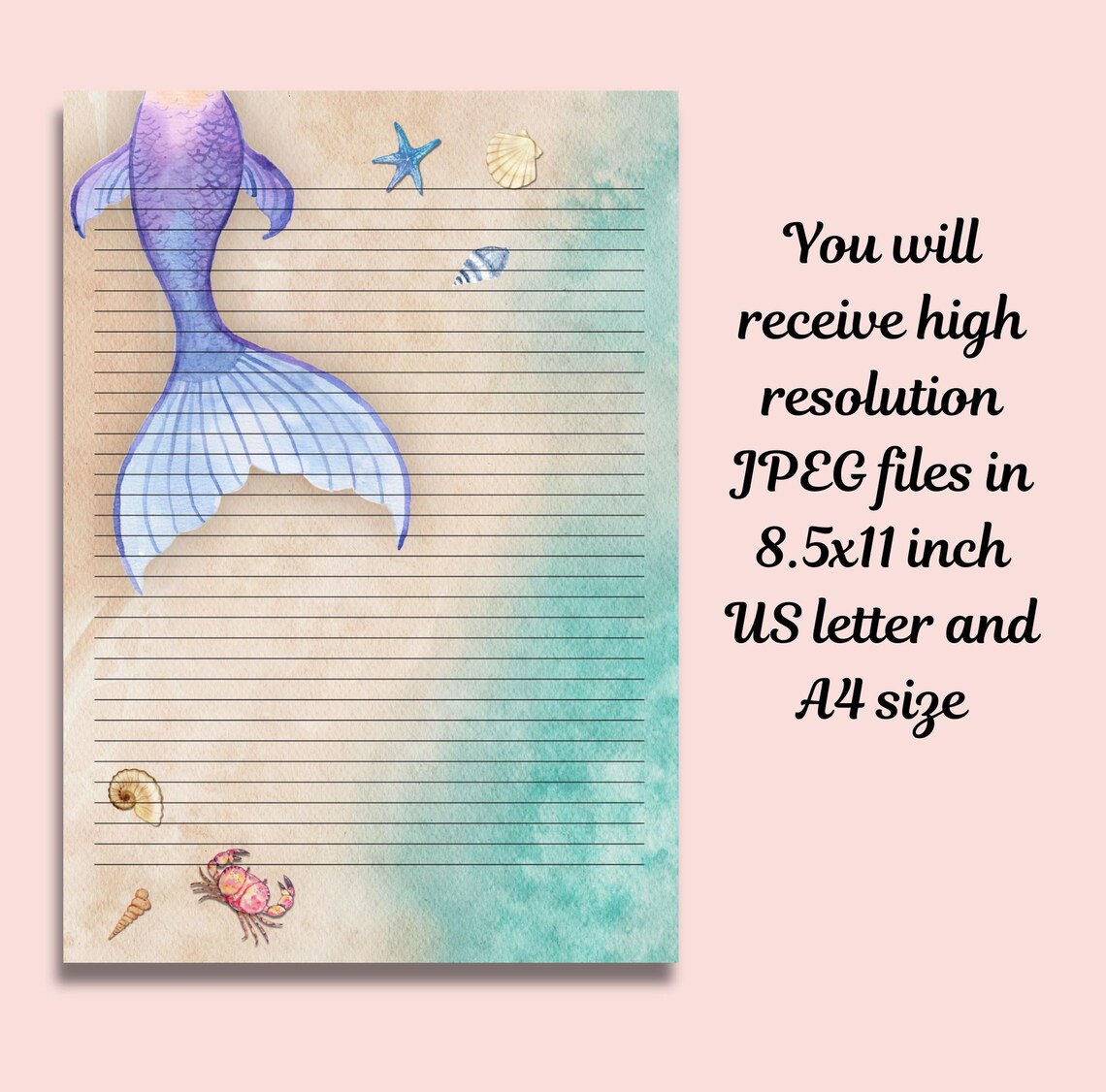 Printable Mermaid Stationery, Sea Creature Print Lined and Unlined ...