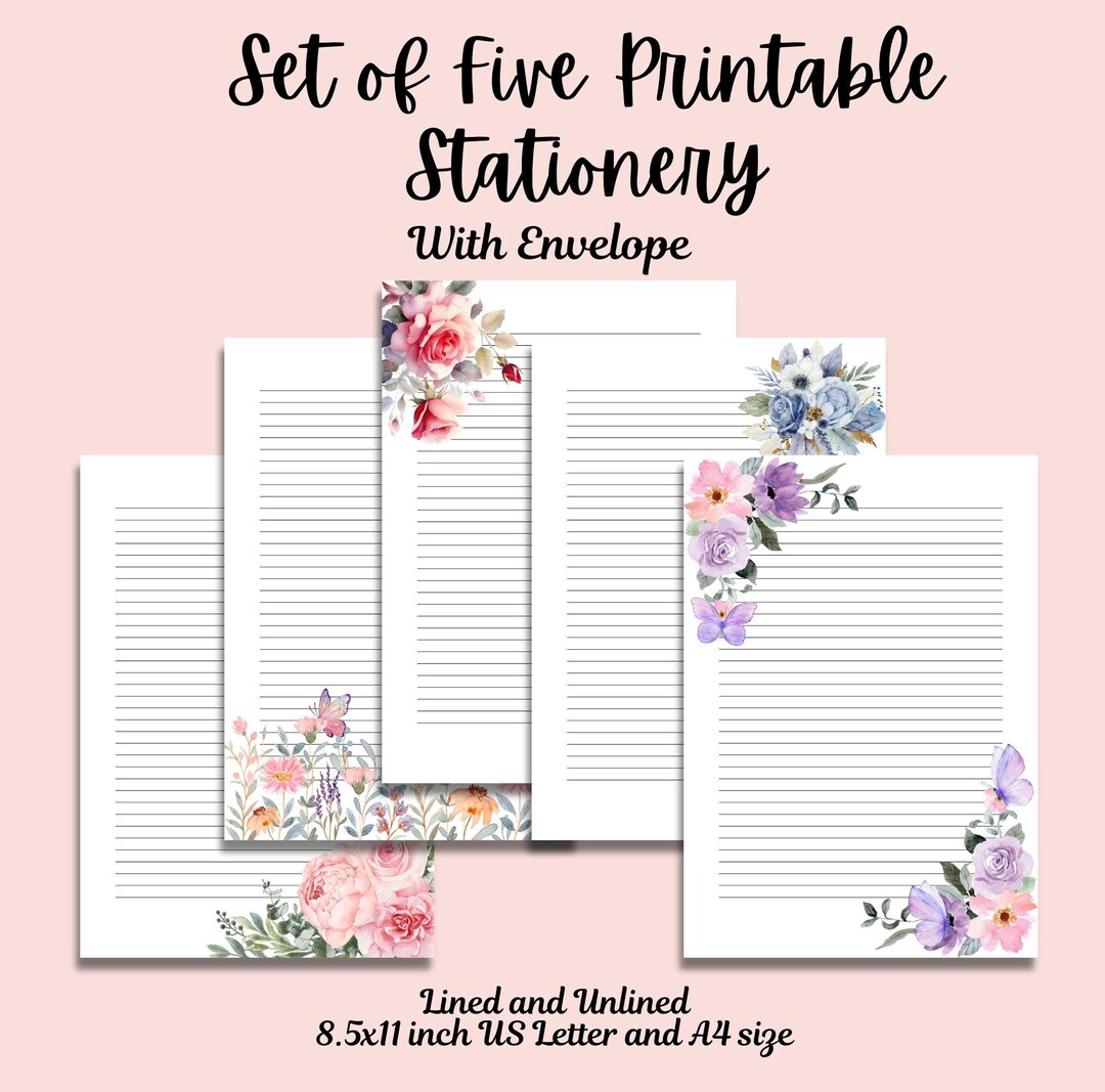 Printable Stationery Bundle, Watercolor Floral Stationery With Envelope ...