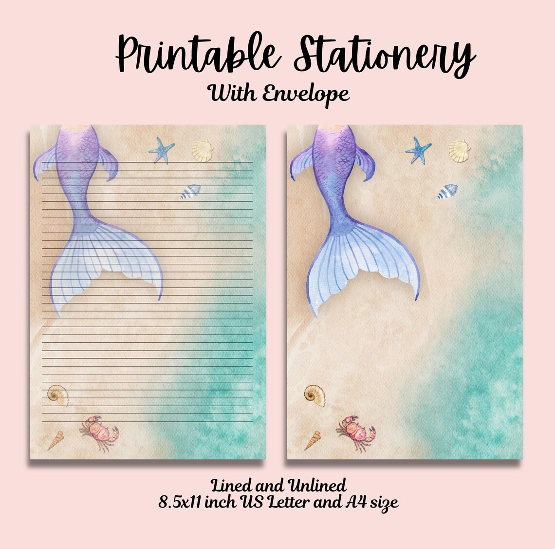 Printable Mermaid Stationery, Sea Creature Print Lined and Unlined ...