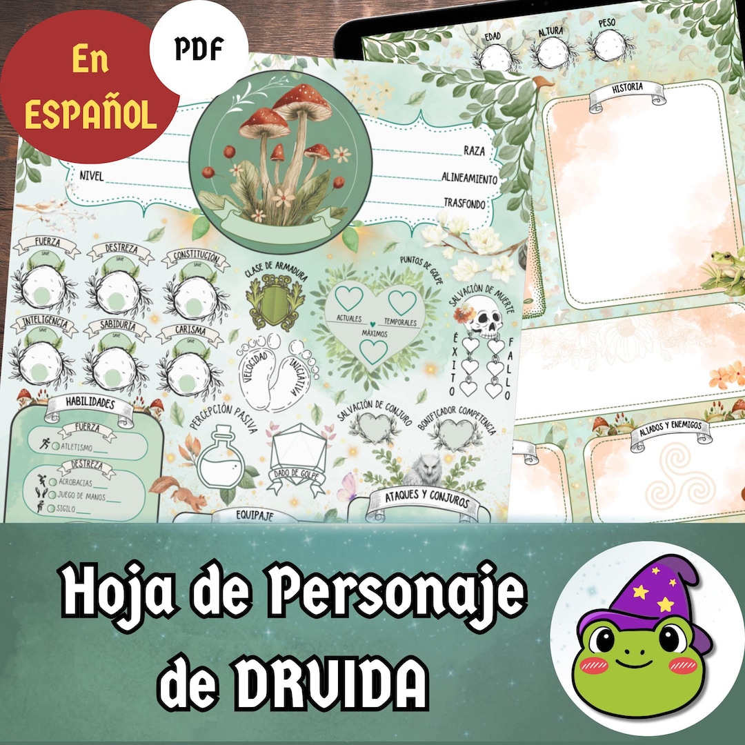 Druid 5e Character Sheet: Spanish D&D, Watercolor Cottagecore (PDF) - Etsy