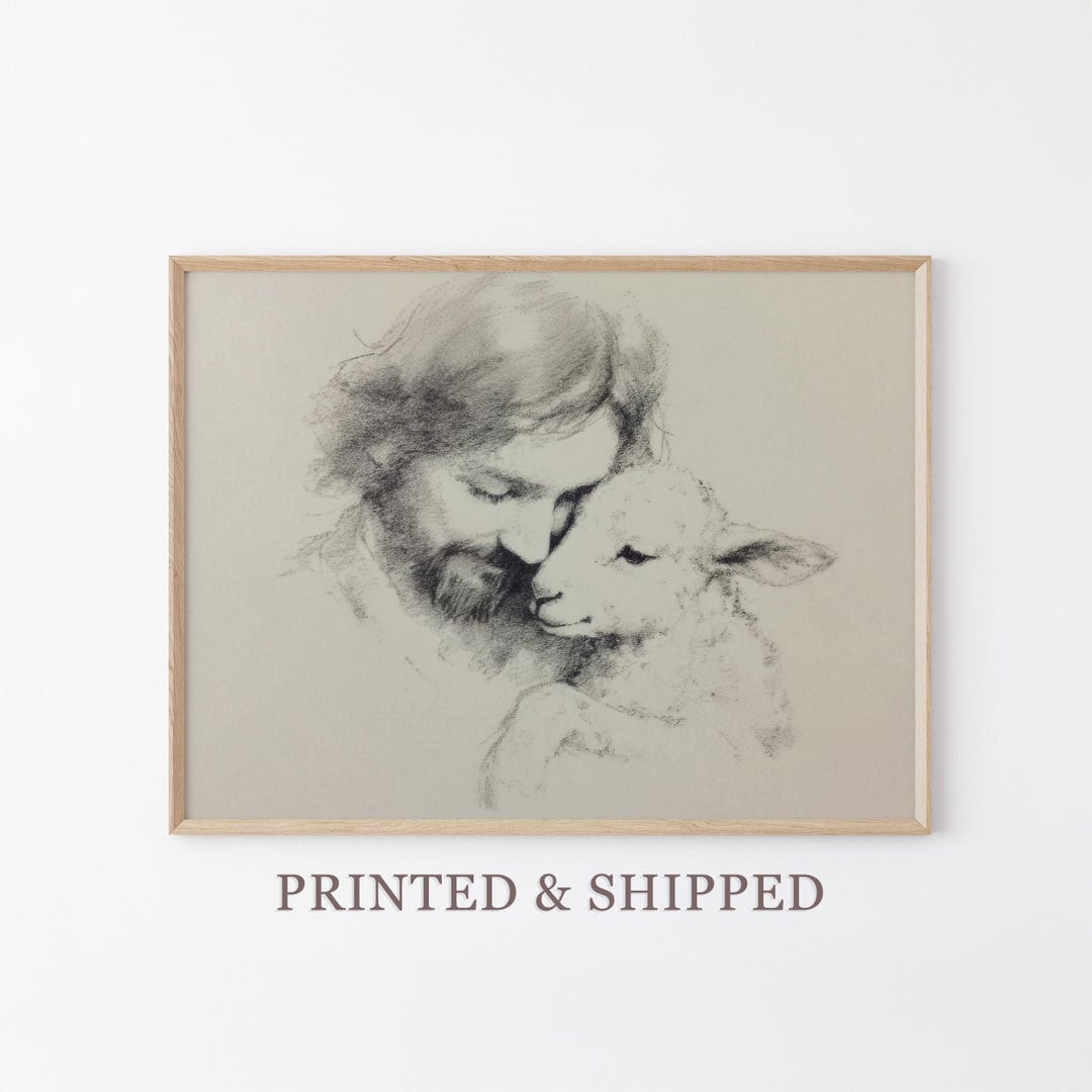 Jesus and the Lamb Sketch Print | Parchment Style Christian Wall Art ...