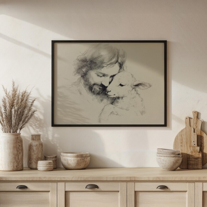 Jesus and the Lamb Sketch Print | Parchment Style Christian Wall Art ...
