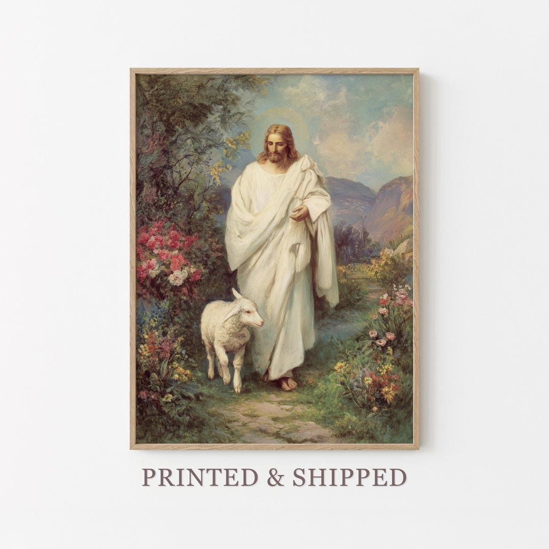 Vintage Jesus Leaves the 99 Painting Print | Good Shepherd Lost Sheep ...