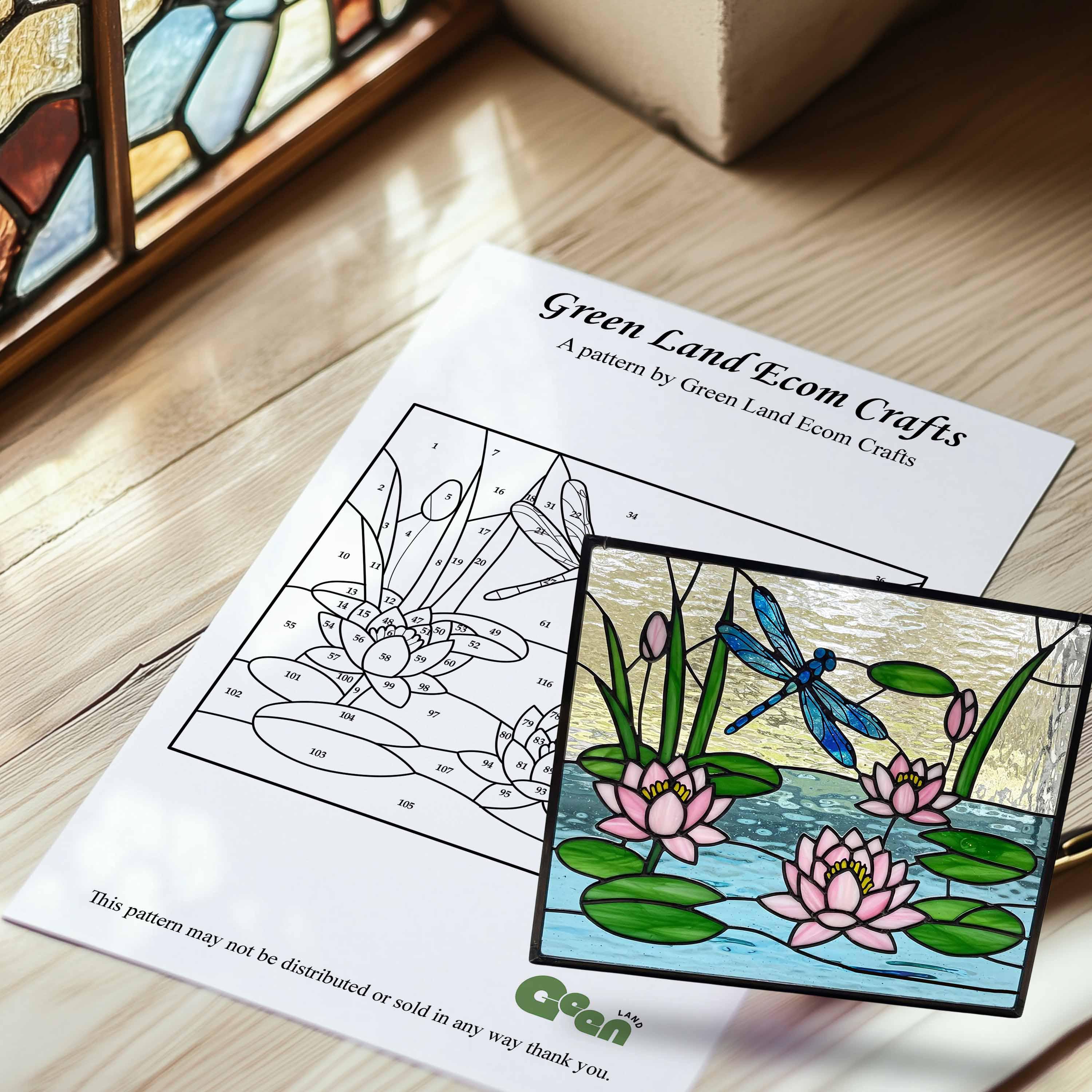 Dragonfly With Lotus Flower Stained Glass Pattern, Dragonfly Suncatcher ...