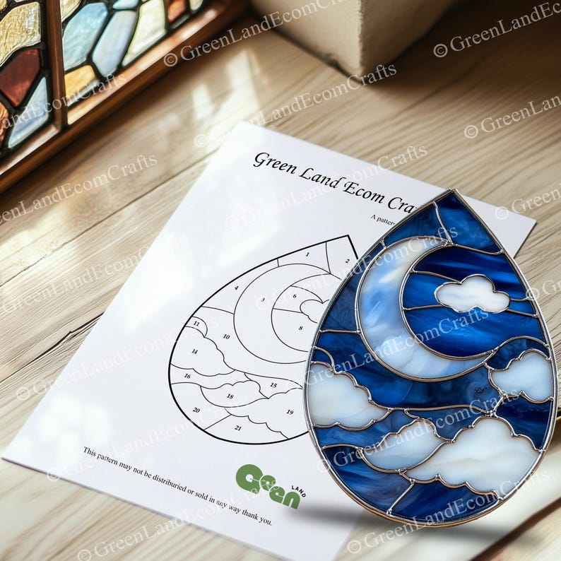 Teardrop Moonlit Stained Glass Pattern, Moon and Star Stained Glass ...