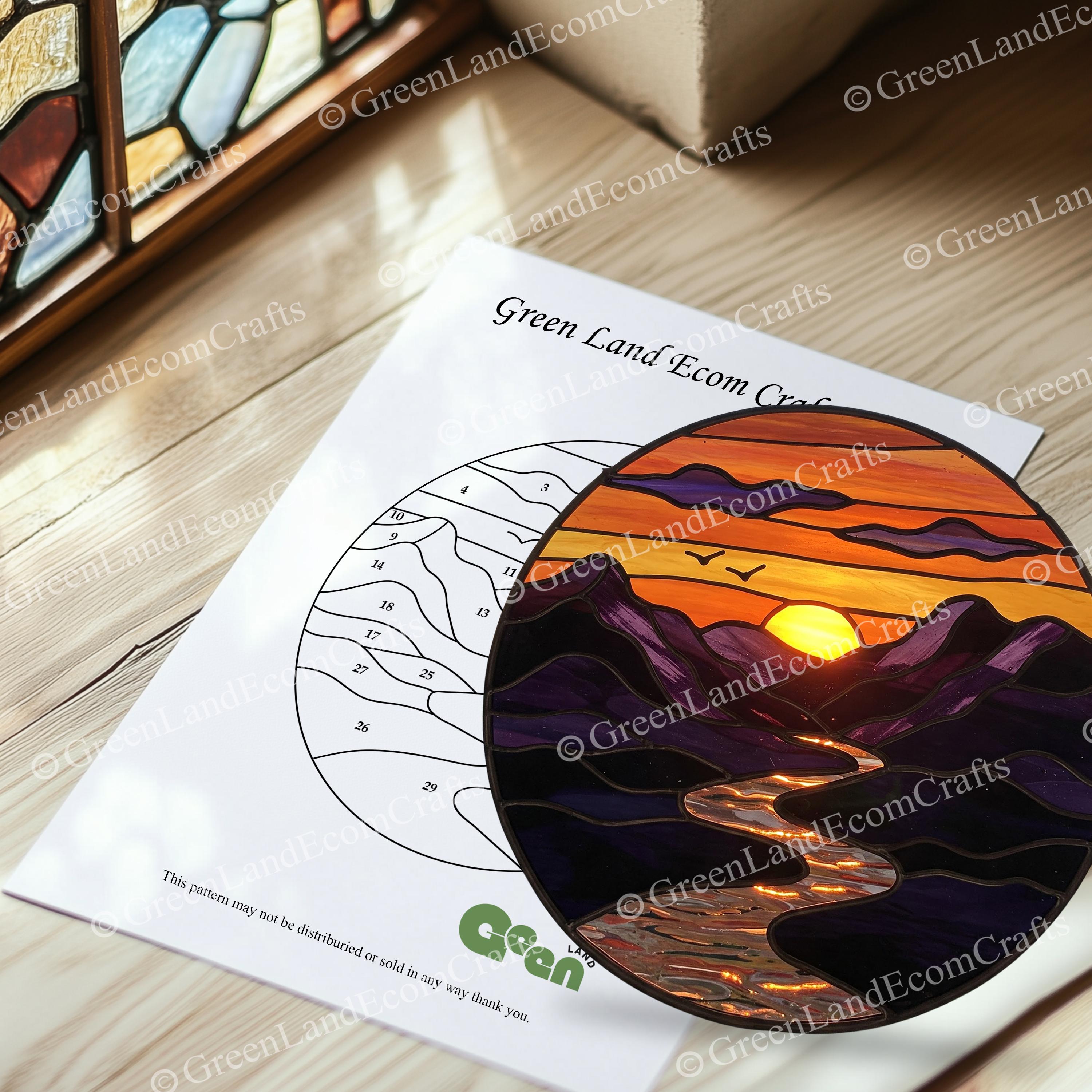 Landscape Sunset Stained Glass Pattern, Mountain Glass Suncatcher ...