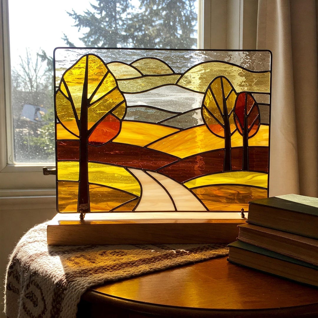 Autumn Landscape Stained Glass Pattern, Mountain Landscape Stained ...