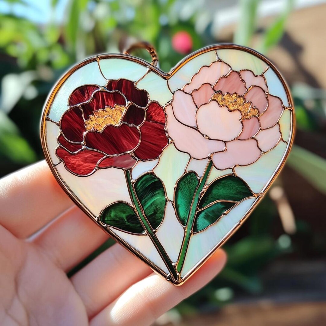 Peony Flower in Heart Stained Glass Pattern, Peonies Flower Stained ...