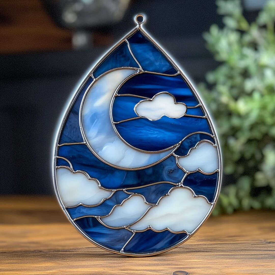 Teardrop Moonlit Stained Glass Pattern, Moon and Star Stained Glass ...