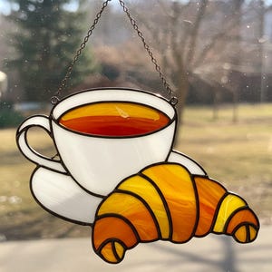 Tea and Croissant Stained Glass Suncatcher, Cozy Breakfast Stained ...