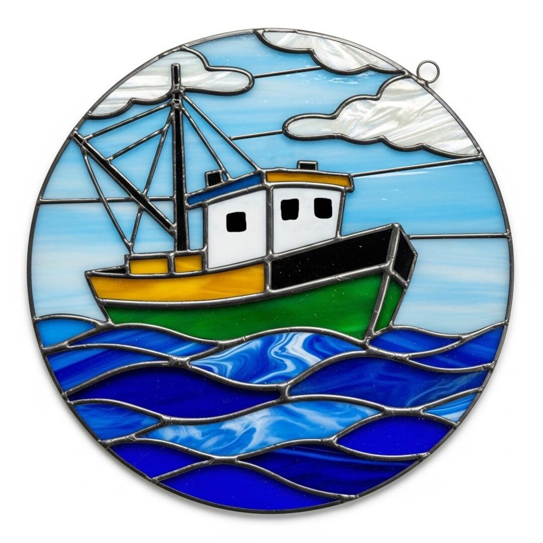 Fishing Boat Stained Glass Suncatcher, Nautical Ocean Scene PDF Stained ...