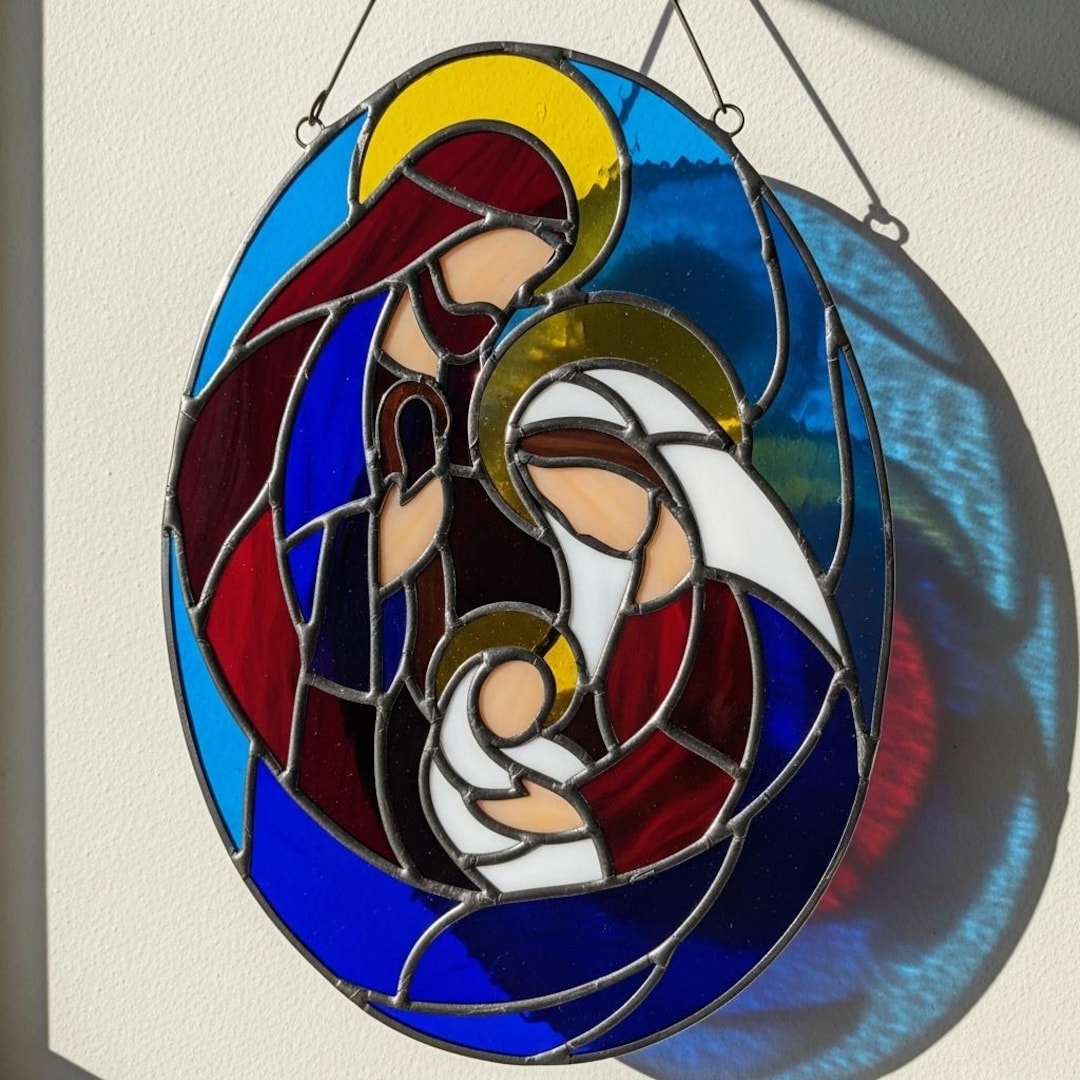 Nativity Scene Stained Window Hanging, Holy Family Panel With Baby ...