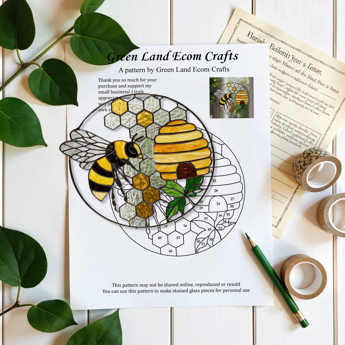 Bee and Beehive Stained Glass Pattern Digital Download, Honeycomb Glass ...