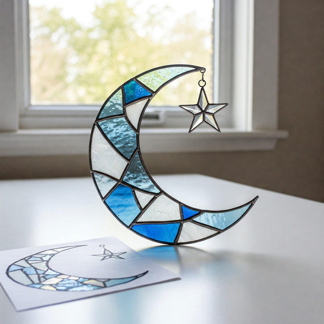 Crescent Moon Stained Glass Pattern, Crescent Moon Glass Suncatcher ...