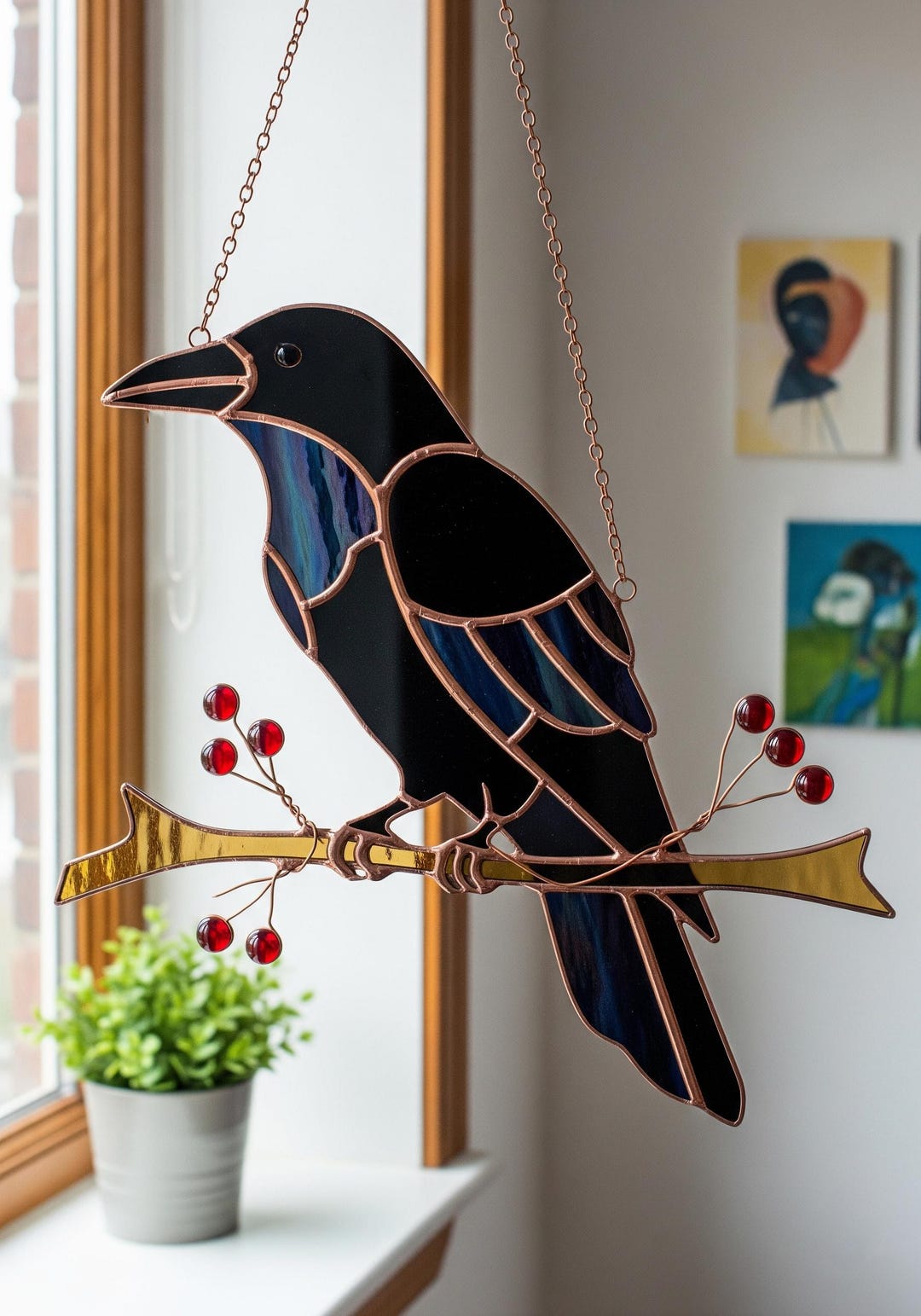 Black Raven Stained Glass Suncatcher, Black Raven on Branch With Red ...
