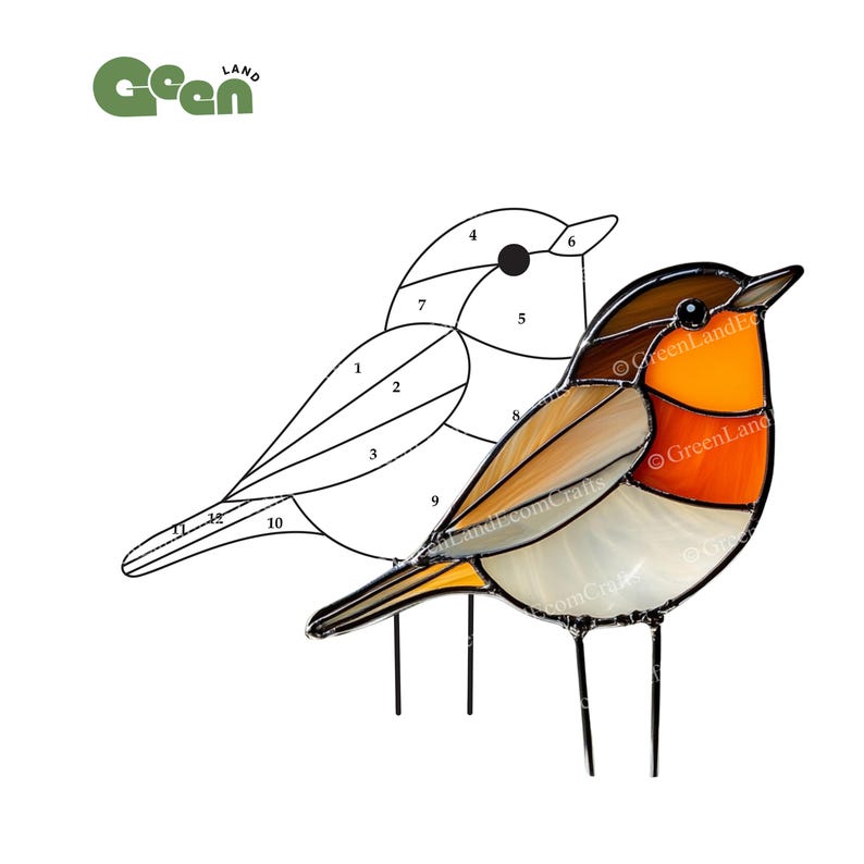 Robin Bird Plant Stakes Stained Glass Pattern Digital Download, Robin Bird Suncatcher Pattern ...