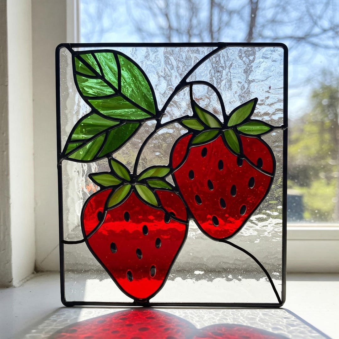 Strawberry Stained Glass Pattern, Red Berry Suncatcher DIY Stained ...