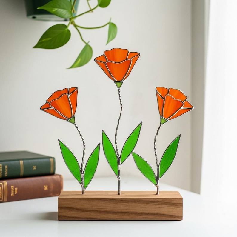 Orange Poppies Stained Glass Flower Decor, Triple Bloom Suncatcher PDF ...