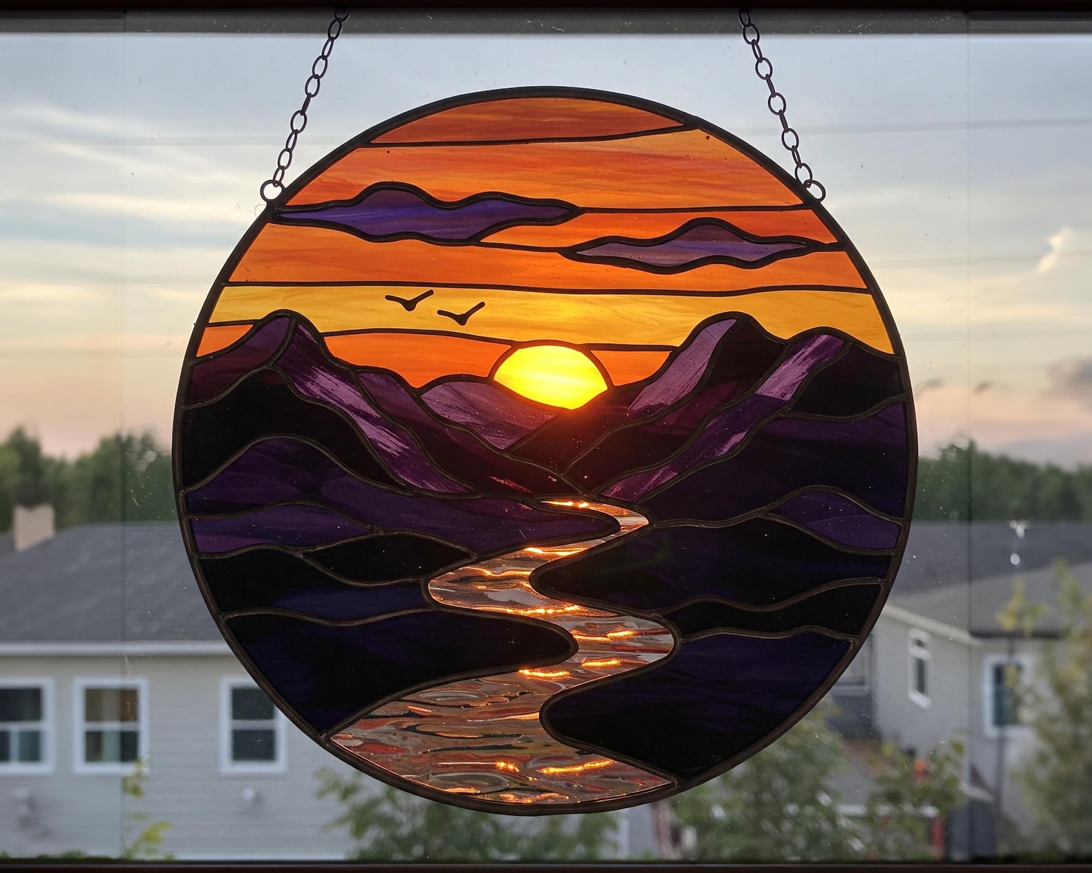 Landscape Sunset Stained Glass Pattern, Mountain Glass Suncatcher Pattern, Nature Landscape ...