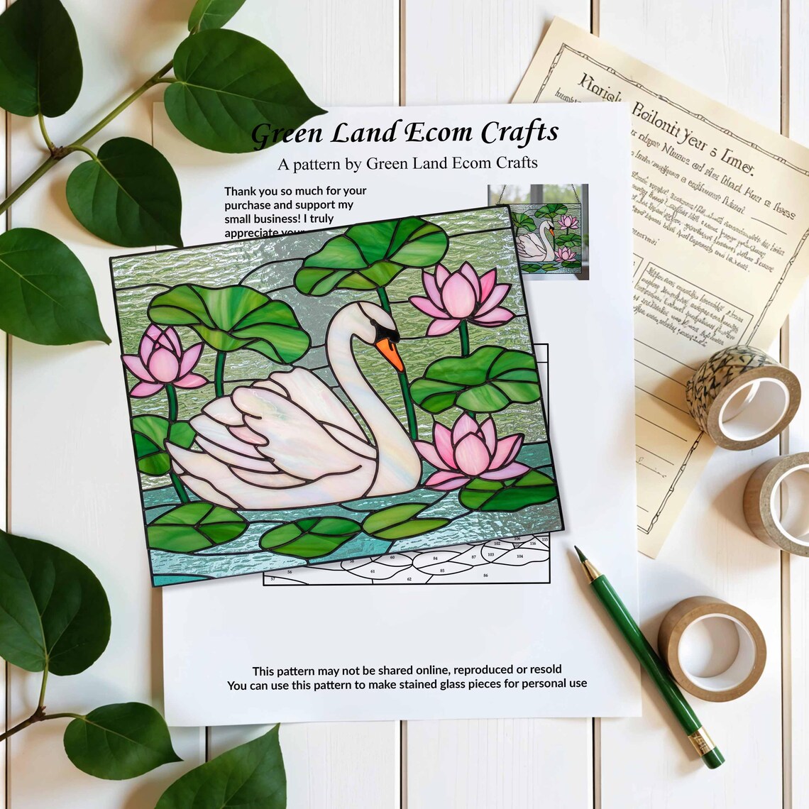 Swan in Lotus Pond Stained Glass Pattern Digital Download, White Swan ...