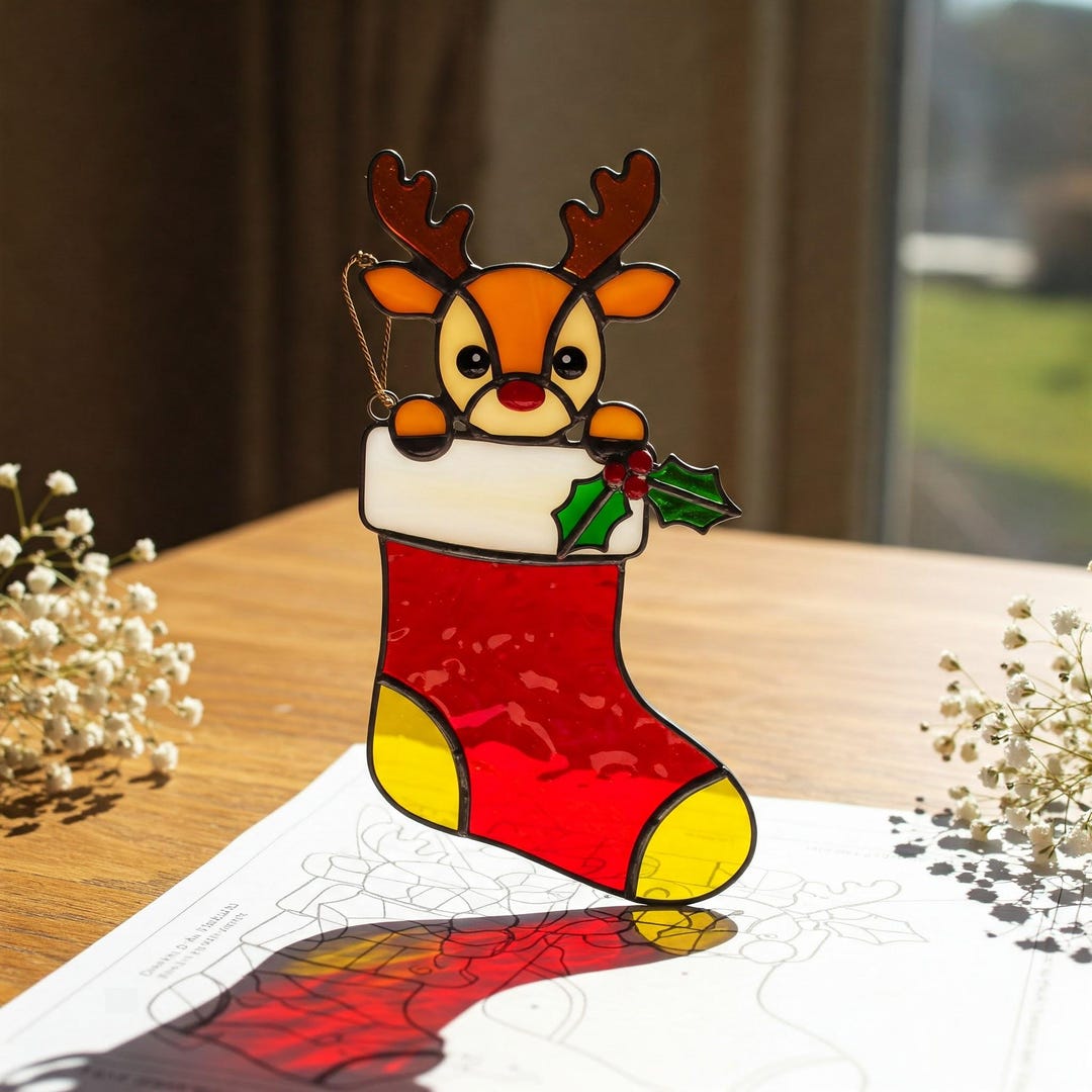 Reindeer Christmas Stained Glass Pattern, Reindeer Stocking Stained ...