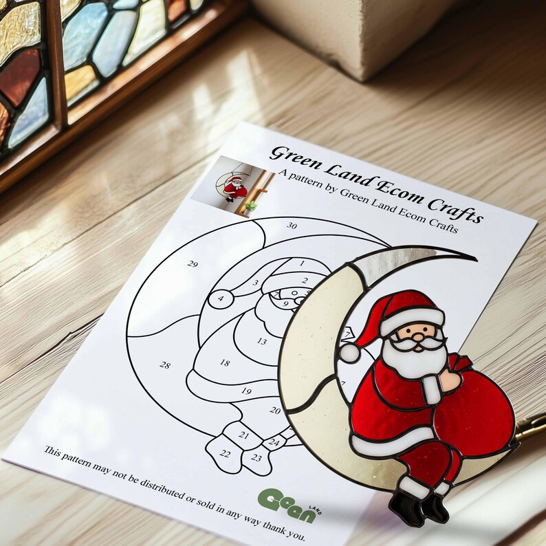 Santa Claus Sitting on Crescent Moon Stained Glass Suncatcher ...