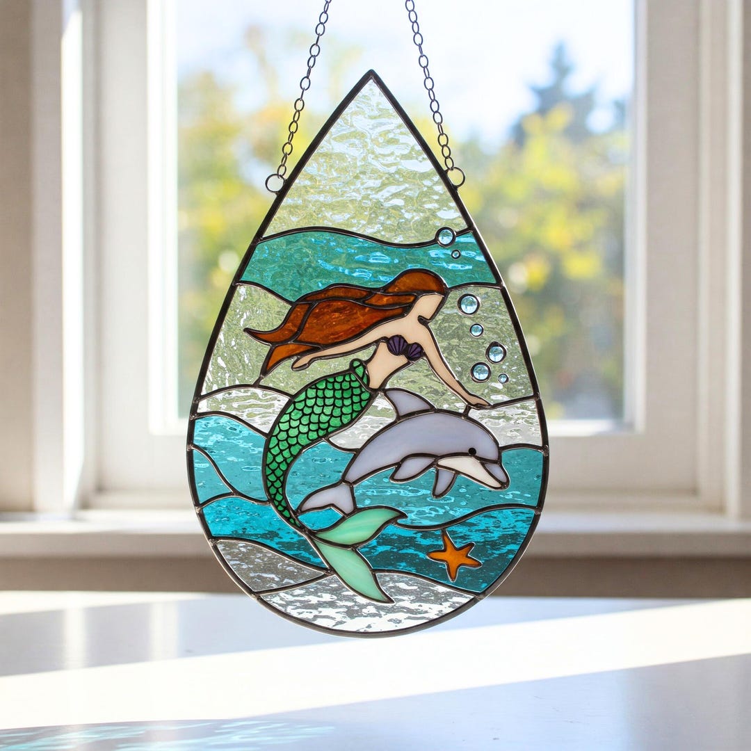 Minidrop Mermaid and Dolphin, Starfish Stained Glass Pattern, Ocean ...
