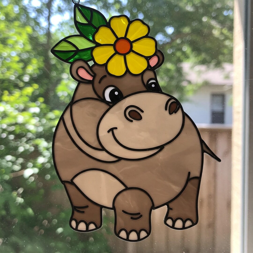 Hippo Stained Glass Pattern Digital Download, Hippo Daisy Flower ...