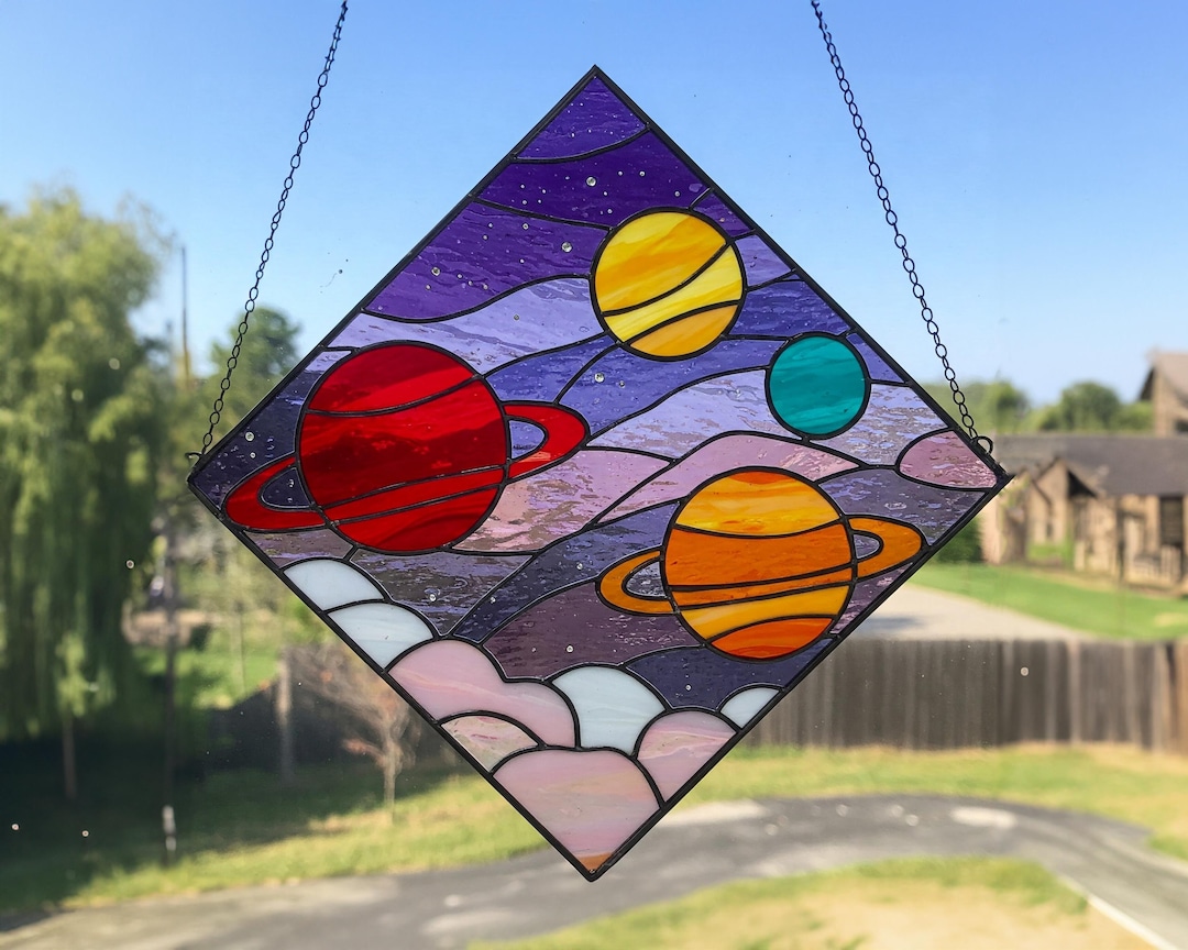 Solar System Hanging Stained Glass Pattern, Sun and Galaxy Sky ...