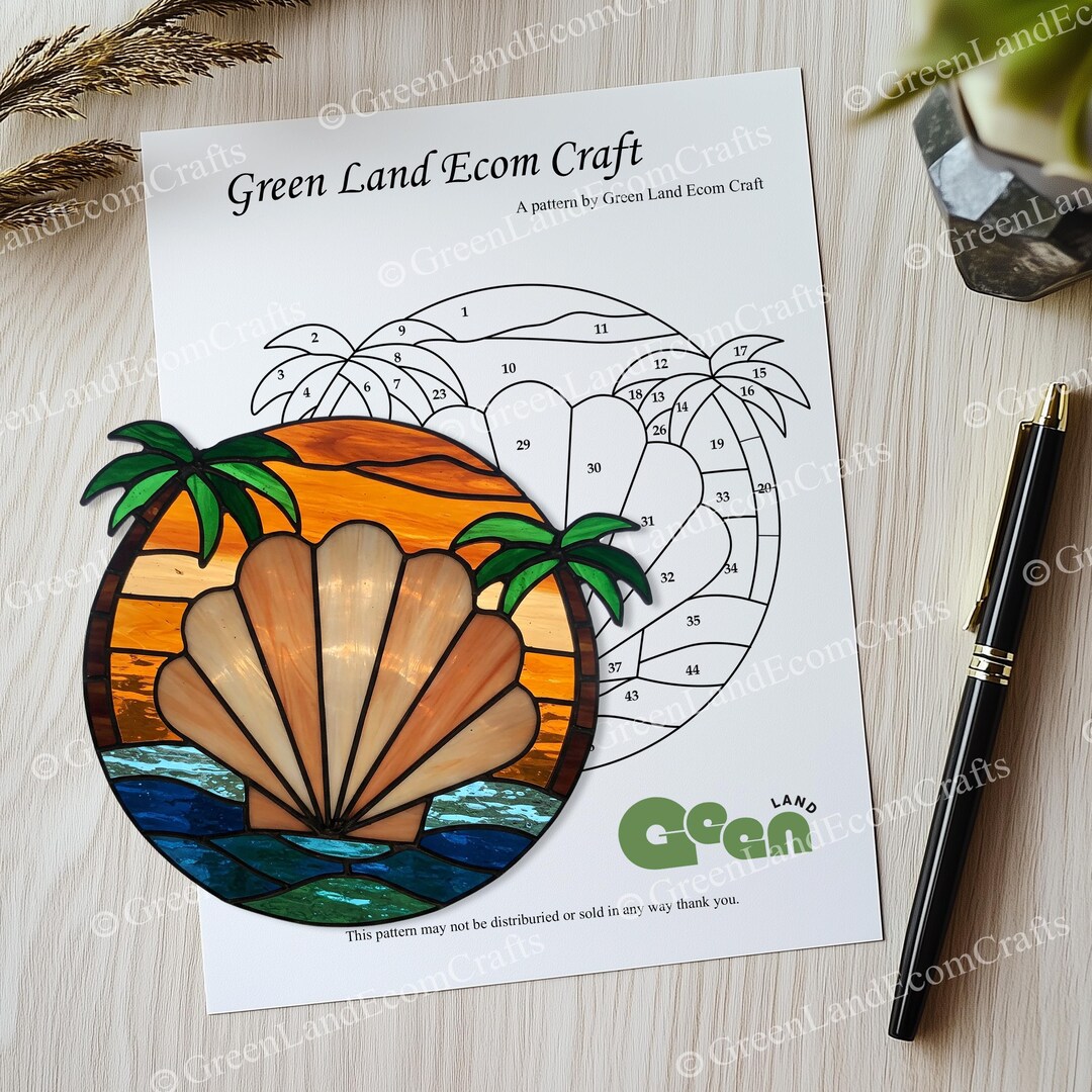 Seashell Stained Glass Pattern, Ocean Sunset Suncatcher Glass Pattern ...