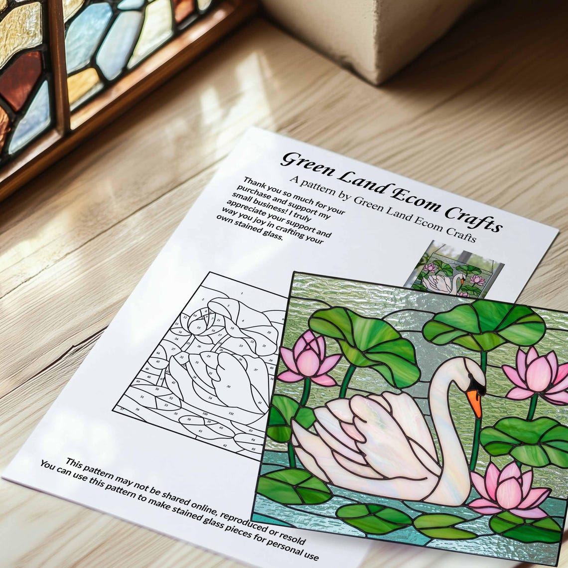 Swan in Lotus Pond Stained Glass Pattern Digital Download, White Swan ...