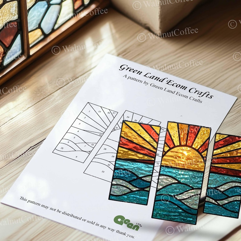 Sunset Stained Glass Pattern, Ocean Waves Glass Suncatcher Pattern ...