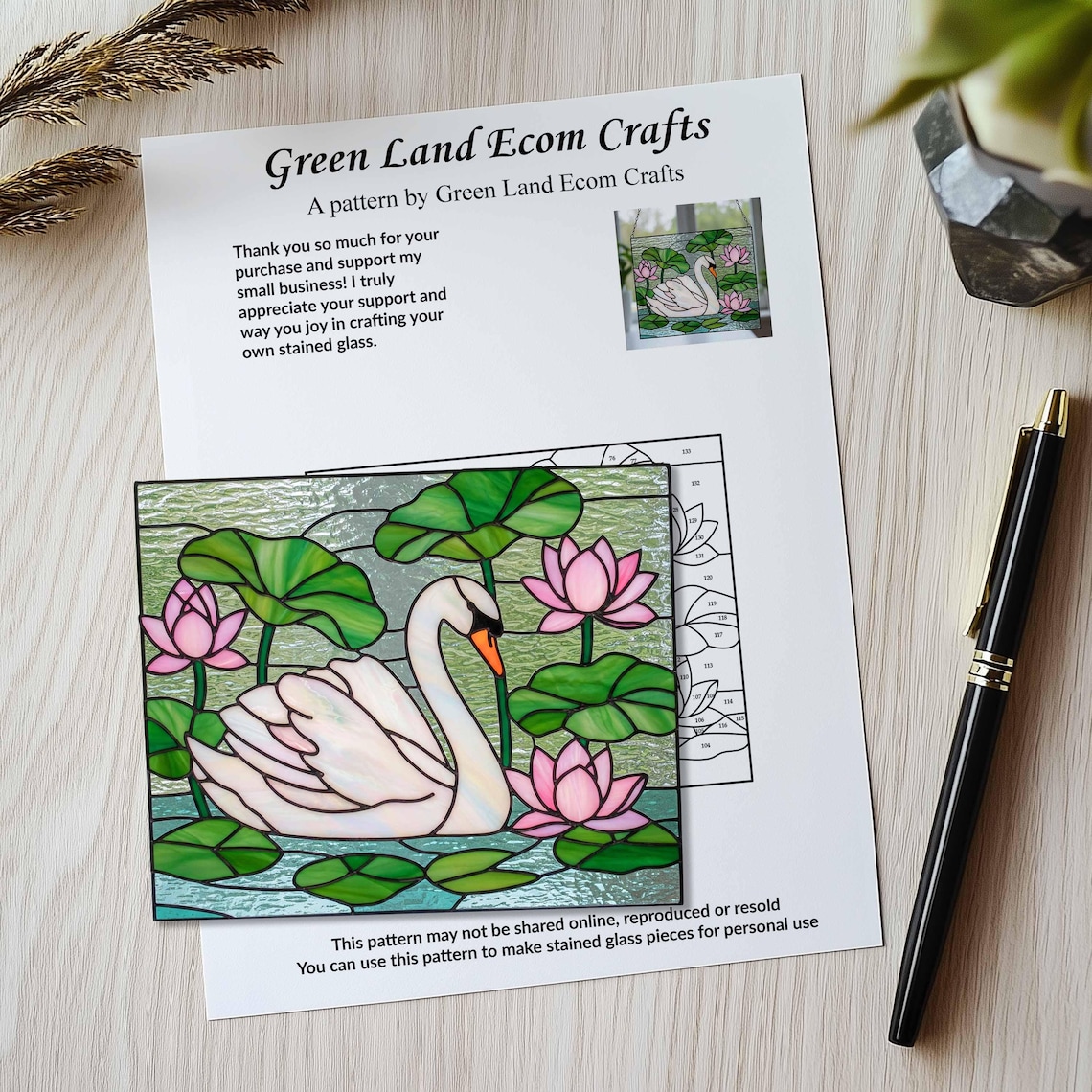 Swan in Lotus Pond Stained Glass Pattern Digital Download, White Swan ...