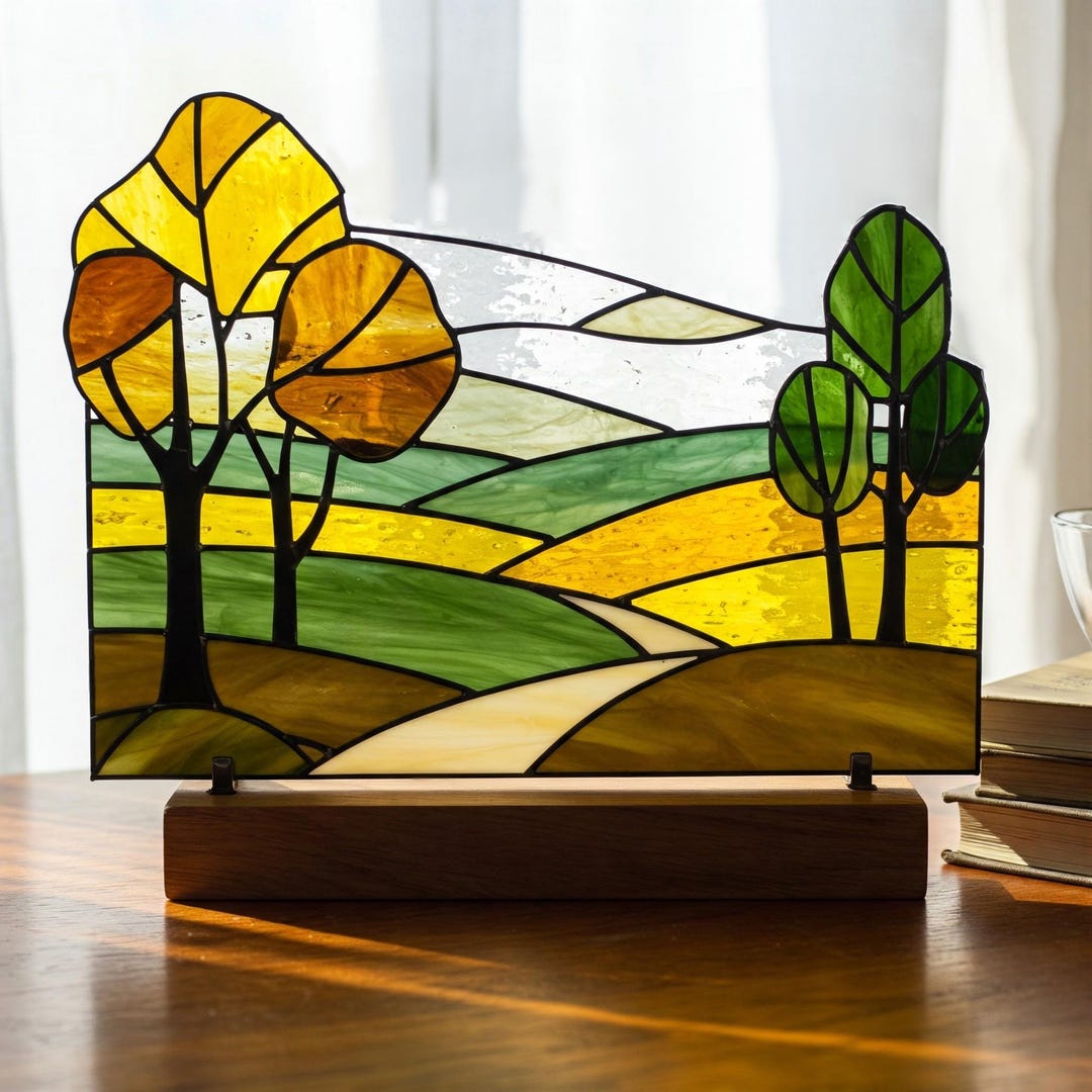Autumn Landscape Stained Glass Pattern, Fall Trees and Rolling Hills ...