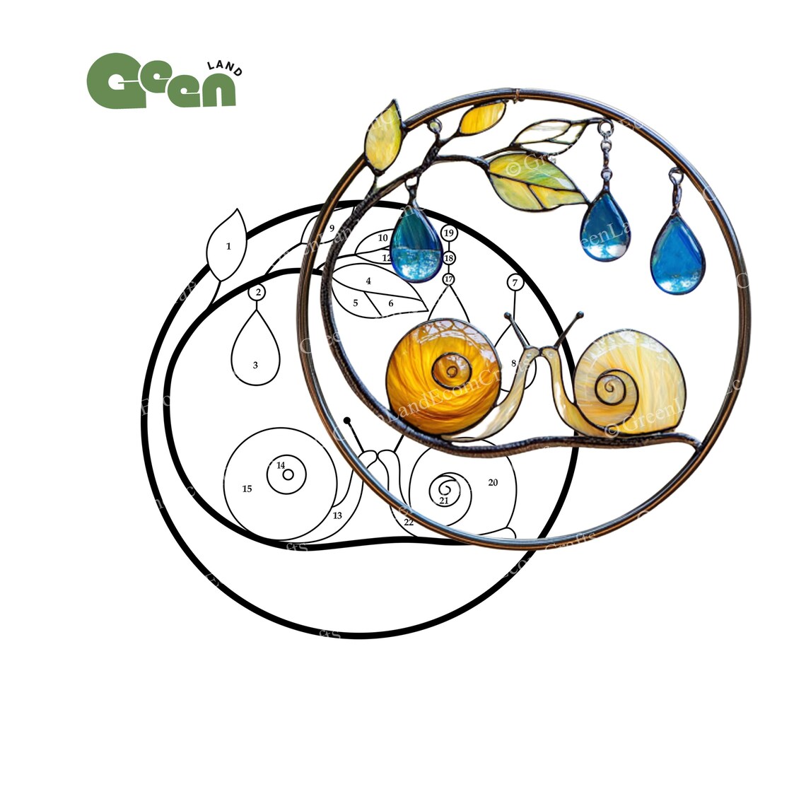 Snail on Branch Stained Glass Pattern, Blue Crystal DIY Stained Glass ...