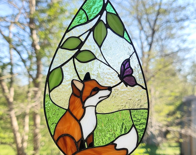 Autumn Fox Acrylic Suncatcher, Cozy Autumn Animal Faux Stained Glass ...