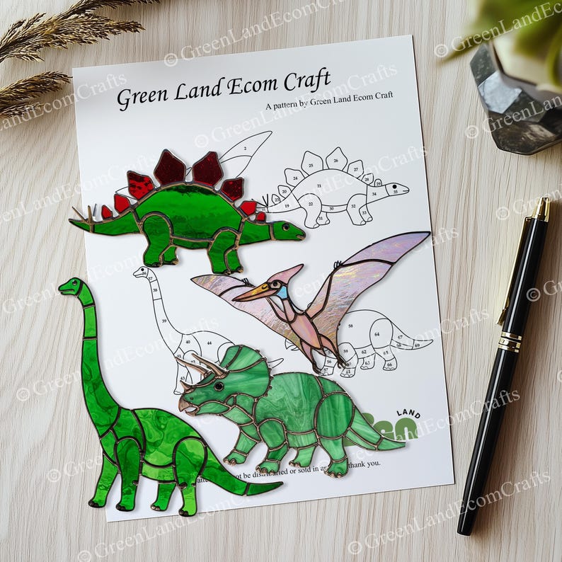 Set of 4 Dinosaur Stained Glass Pattern, Stegosaurus/pterodactyl ...