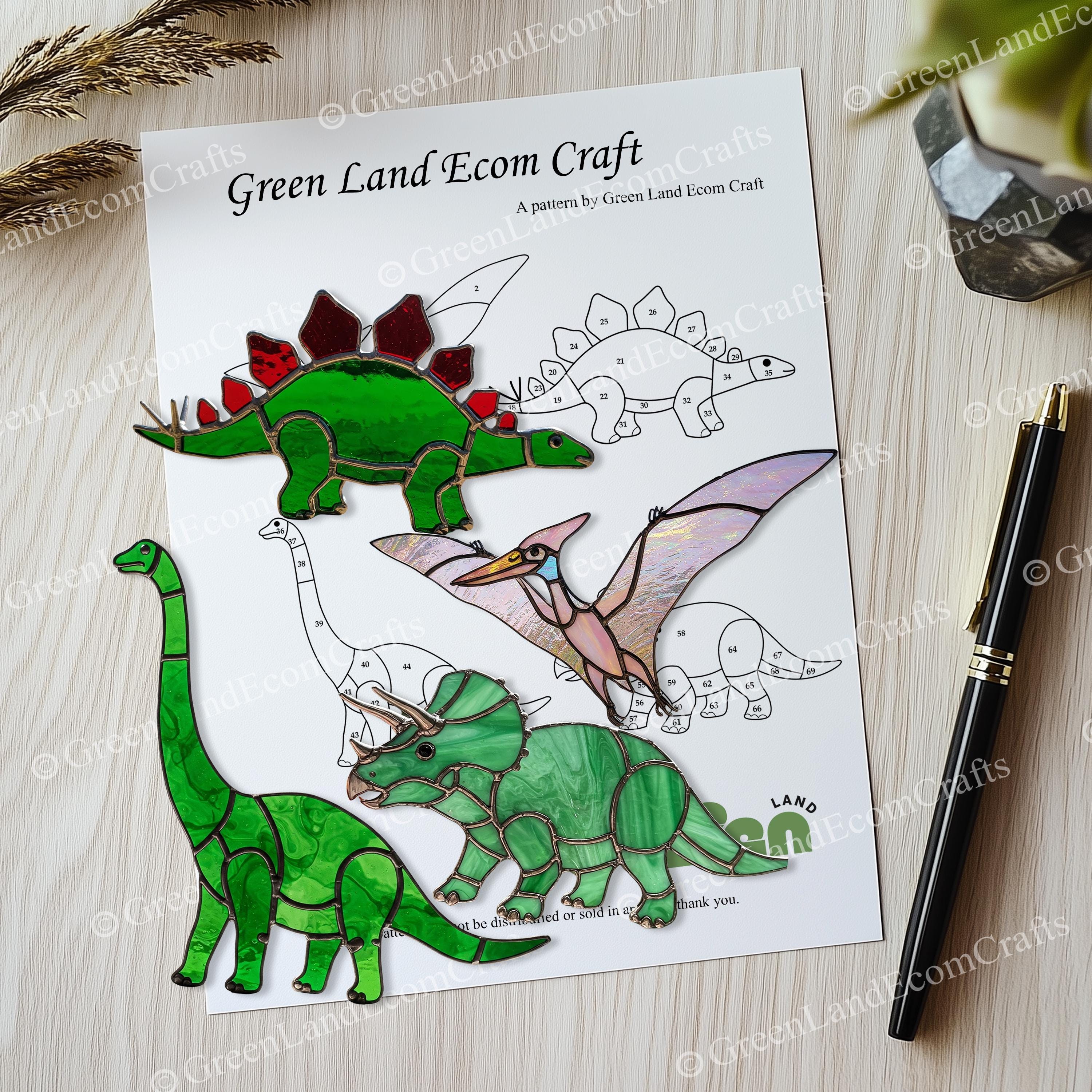 Set of 4 Dinosaur Stained Glass Pattern, Stegosaurus/pterodactyl ...