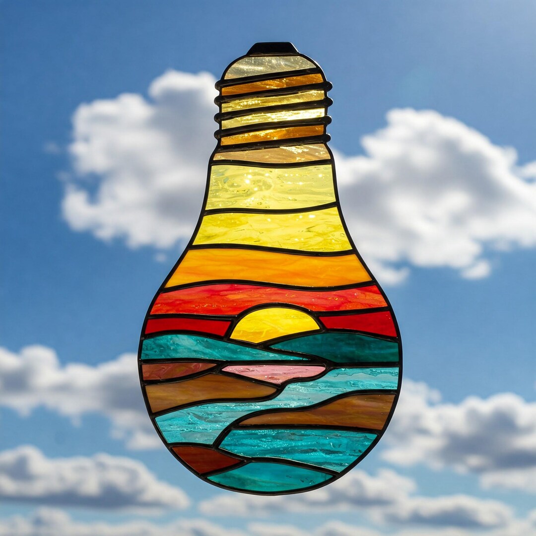 Sunset Stained Glass Pattern, Landscape Stained Glass Suncatcher ...
