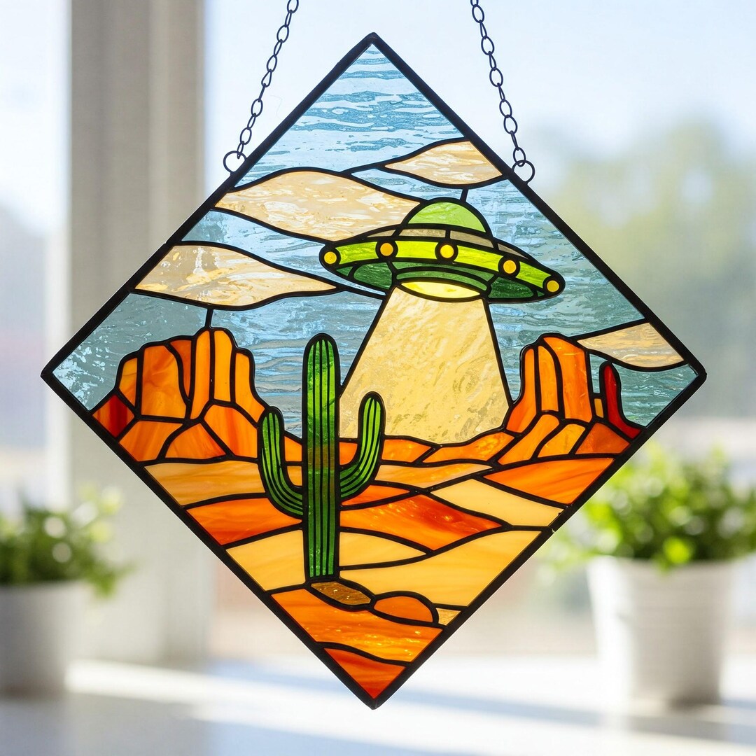 UFO Desert Stained Glass Pattern, Desert Cactus Glass Suncatcher ...